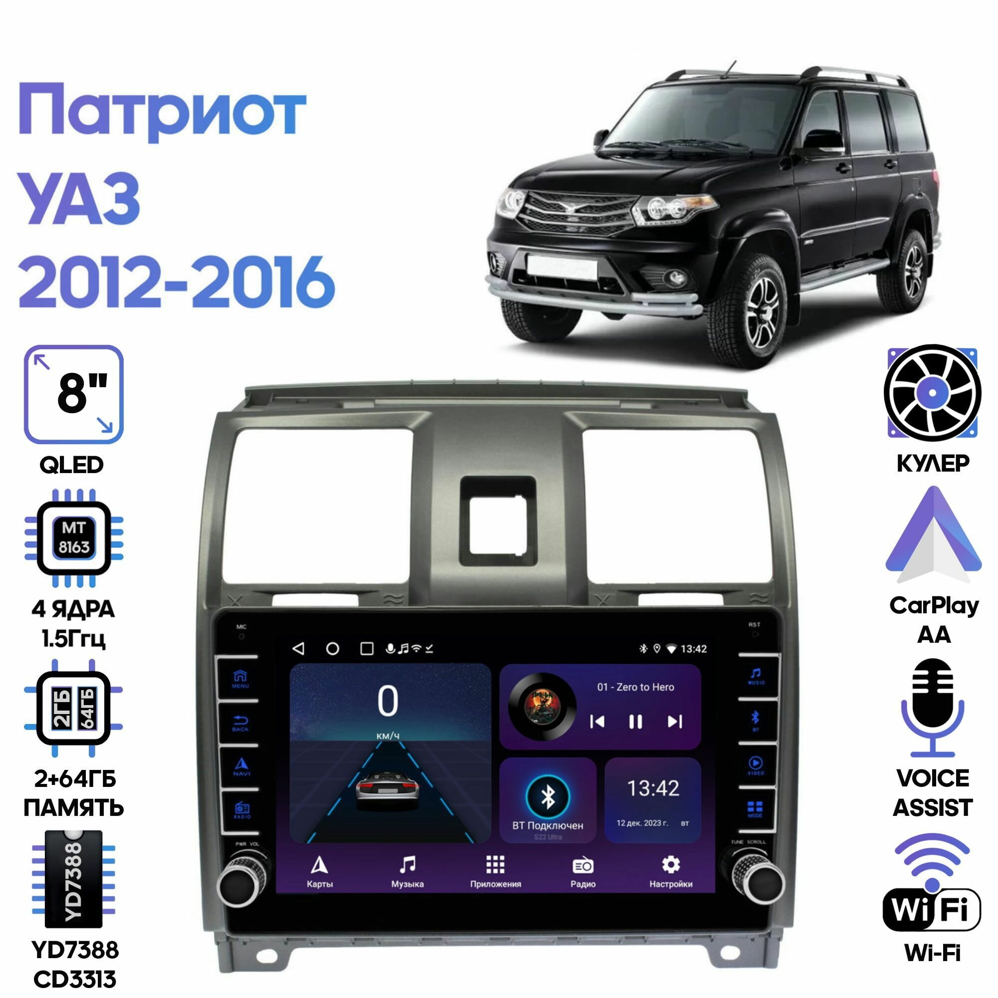 Магнитола УАЗ Патриот 2012 - 2016 / 8 дюймов, 2/64GB, 4 ядра, Wi-Fi, Android 9 / Wide Media