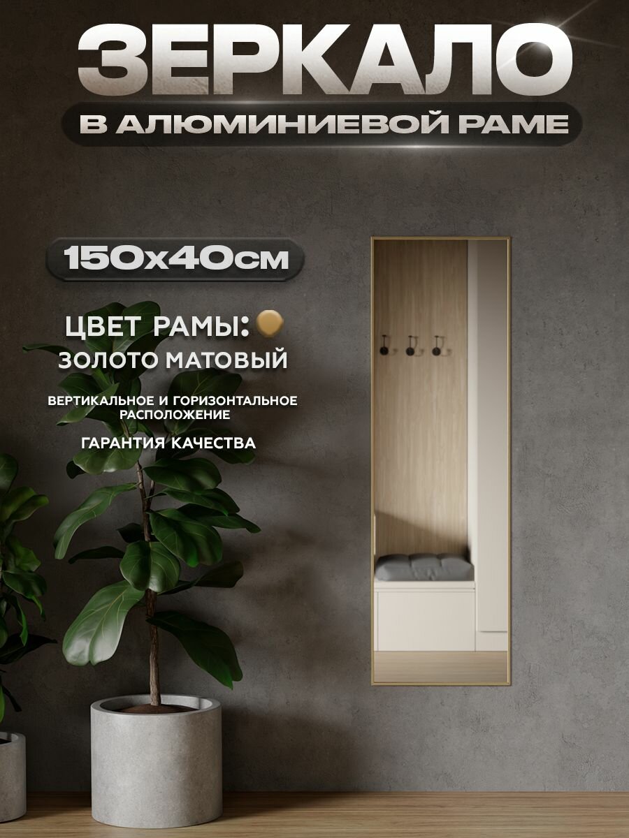 Зеркало интерьерное в алюминиевой раме настенное ONE MIRROR 150х40см. Золото