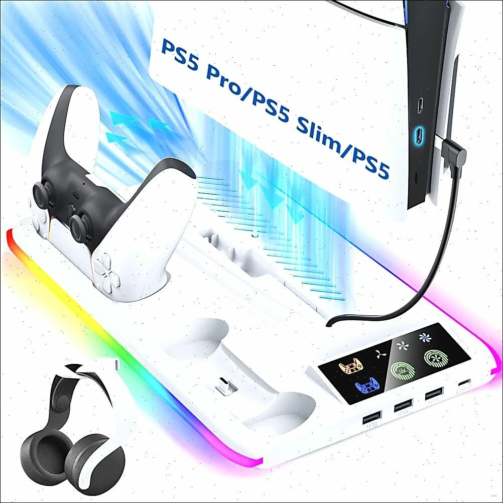 Охлаждающая и зарядная станция для PS5 Fat/Pro/Slim, подставка для дисков и цифровой консоли- белыйерный