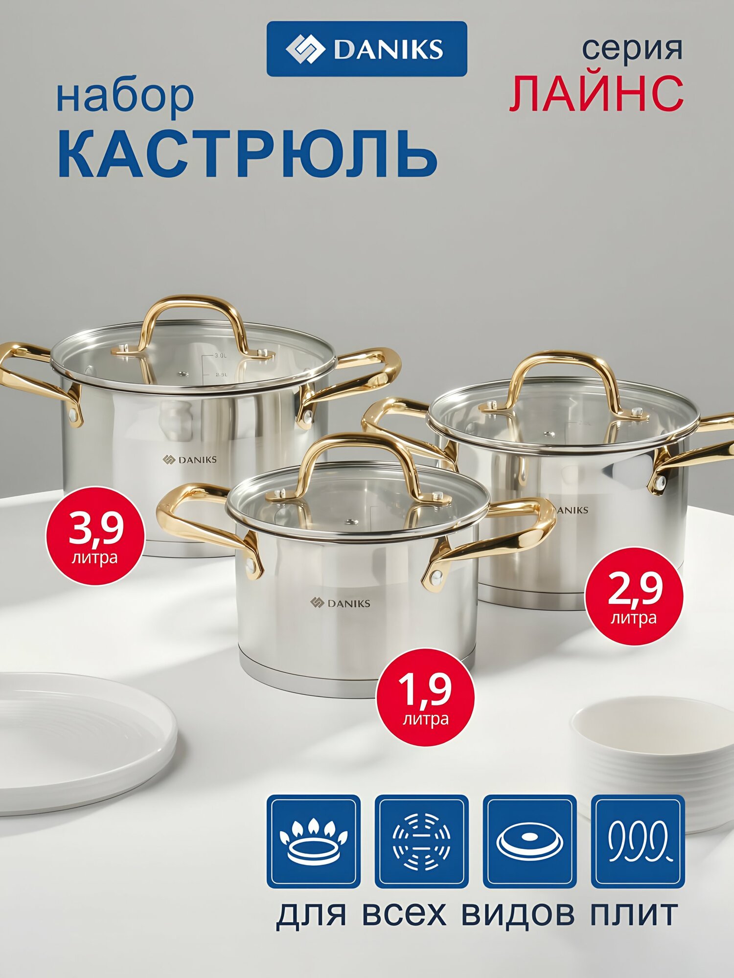 Набор кастрюль Daniks Лайнс из нержавеющей стали, 6 предметов, для индукционных плит, 2л, 3л, 4л, артикул SD-072-6