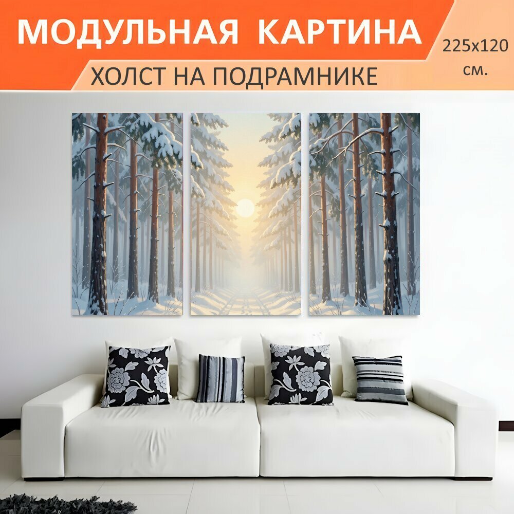 Модульная картина на холсте "Зимняя лесная дорога на рассвете. Заснеженная просека среди высоких сосен, мягкий утренний свет." триптих на подрамнике 225х120 см. для интерьера