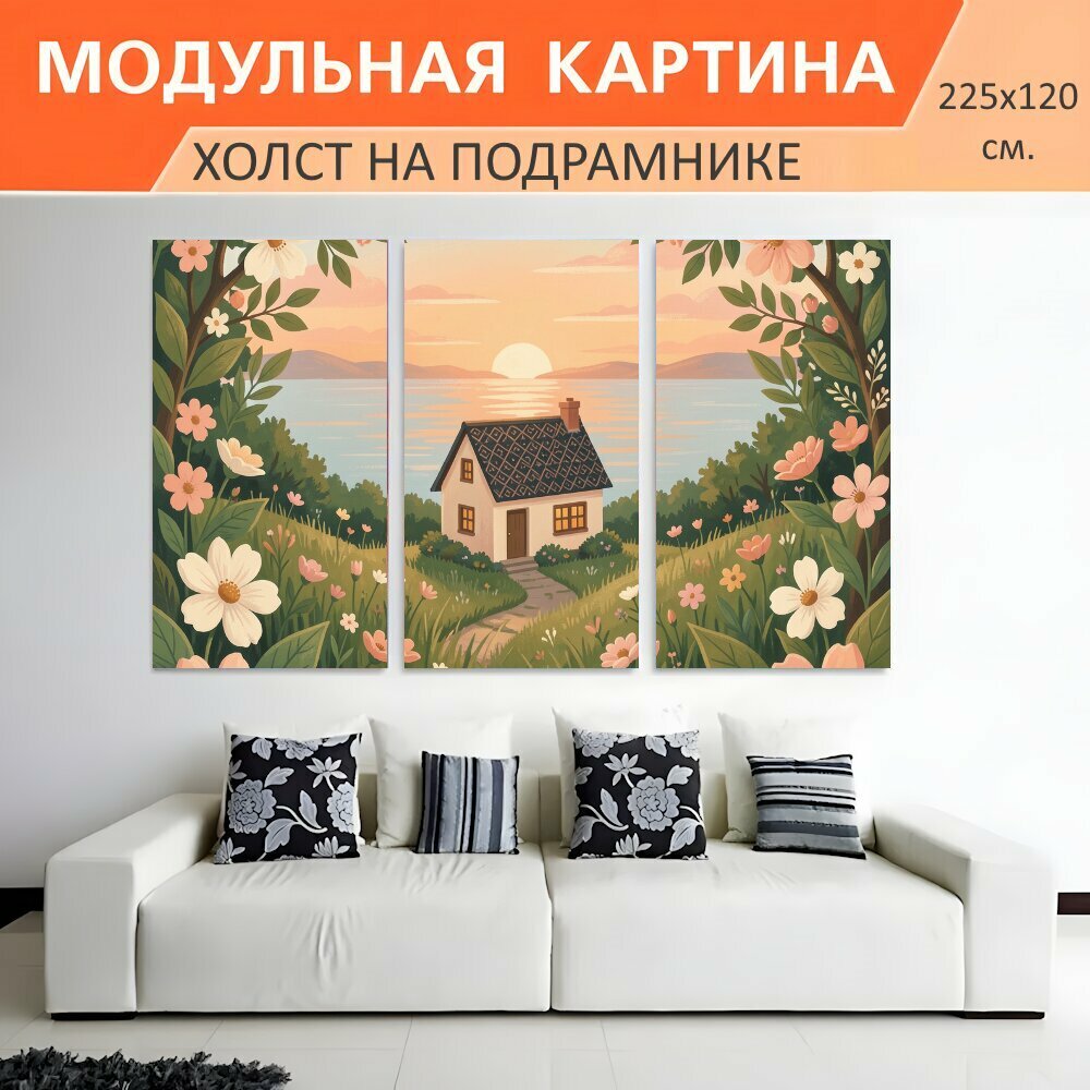 Модульная картина на холсте "Дом у моря в цветах. Уютный сельский домик на берегу водоема на фоне закатного неба, в обрамлении пышных." триптих на подрамнике 225х120 см. для интерьера