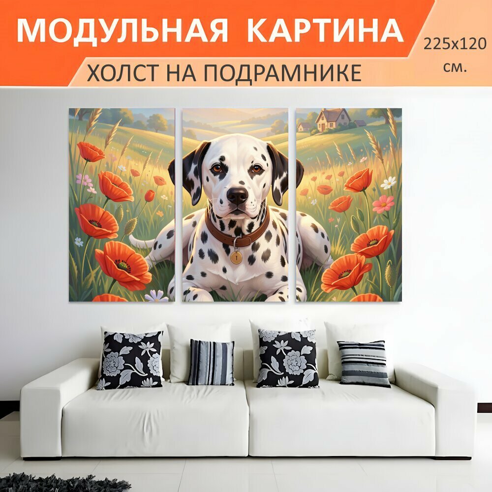 Модульная картина на холсте "Далматинец в цветочном поле. Пушистый щенок с пятнистой шерстью лежит среди ярких маков и луговых трав." триптих на подрамнике 225х120 см. для интерьера