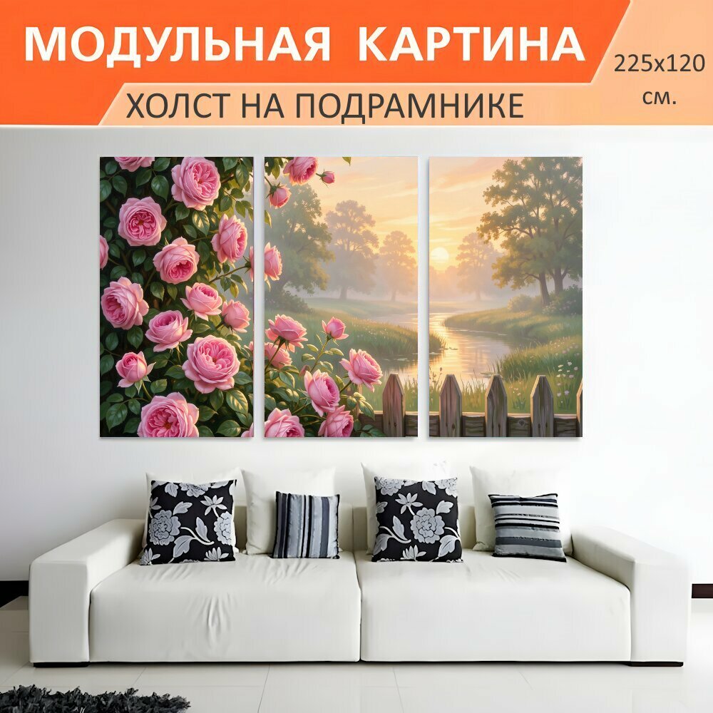 Модульная картина на холсте "Розы у реки на закате. Нежный романтичный пейзаж с пышными розовыми бутонами, деревянным забором и тихой." триптих на подрамнике 225х120 см. для интерьера