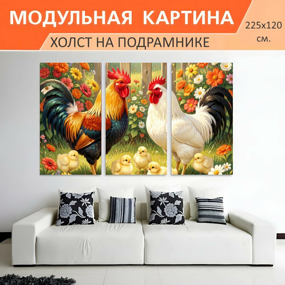 Модульная картина на холсте "Петухи и цыплята в саду. Яркая сказочная сельская сцена с двумя петухами и пушистыми цыплятами среди." триптих на подрамнике 225х120 см. для интерьера