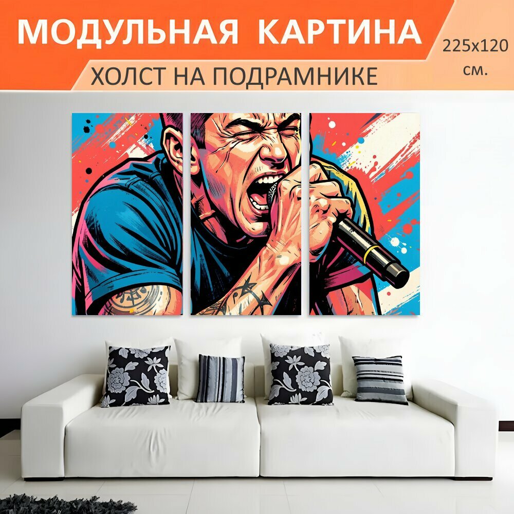Модульная картина на холсте "Рок-музыкант с микрофоном. Яркий комикс-арт с поющим исполнителем в динамичном крике, татуировками и." триптих на подрамнике 225х120 см. для интерьера