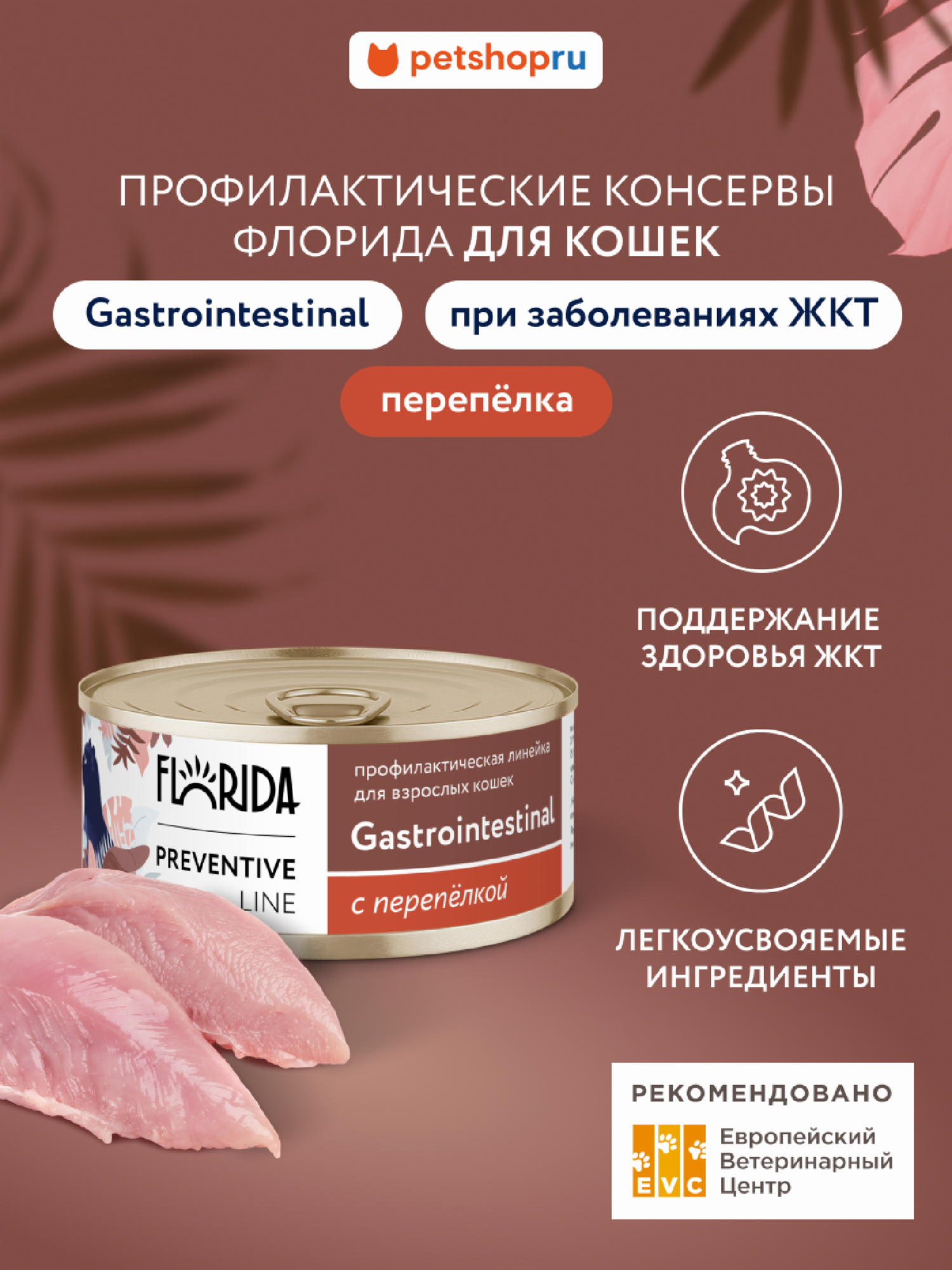 Gastrointestinal, профилактический влажный корм для кошек для поддержания здоровья пищеварительной системы, перепёлка, 100 г