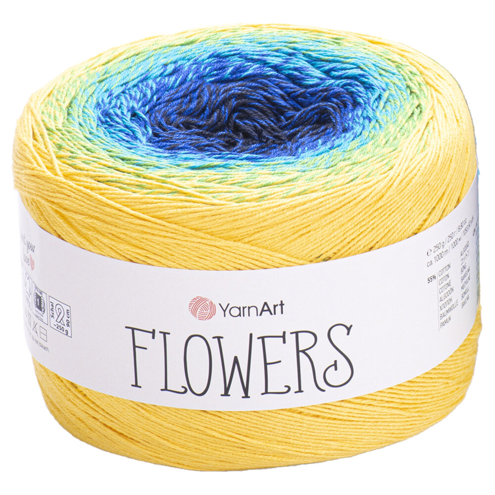 Пряжа для вязания YarnArt Flowers 304 желтый бирюзовый 250 гр/1000 м 55% хлопок, 45% полиакрил