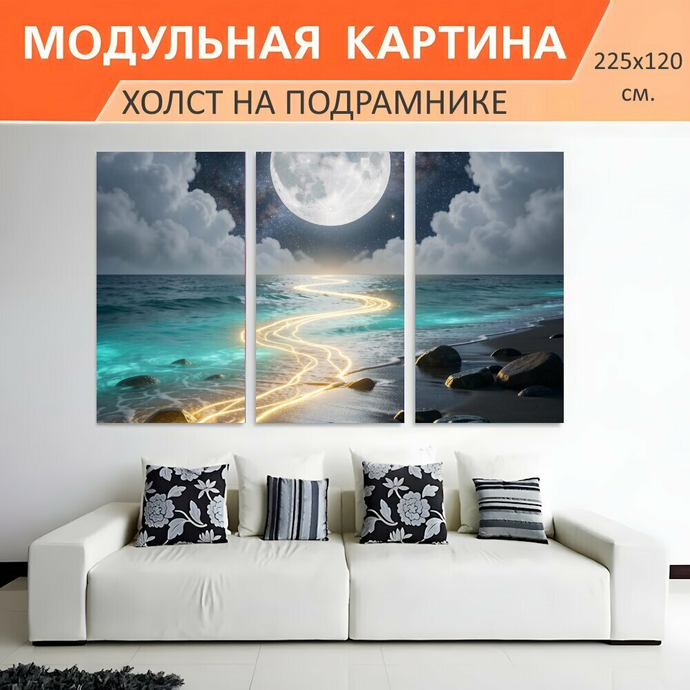 Модульная картина на холсте "Лунная ночь над океаном. Фантазийный морской пейзаж с огромной светящейся луной, звездным небом." триптих на подрамнике 225х120 см. для интерьера