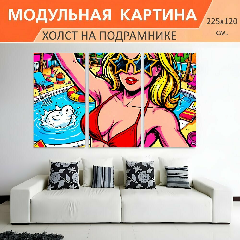 Модульная картина на холсте "Девушка у бассейна в очках. Яркая поп-арт иллюстрация: блондинка в красном купальнике делает селфи у." триптих на подрамнике 225х120 см. для интерьера