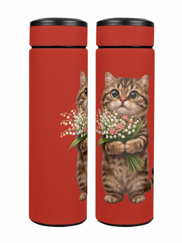 Термос «Котик с ландышами, грустный котик» (красный)