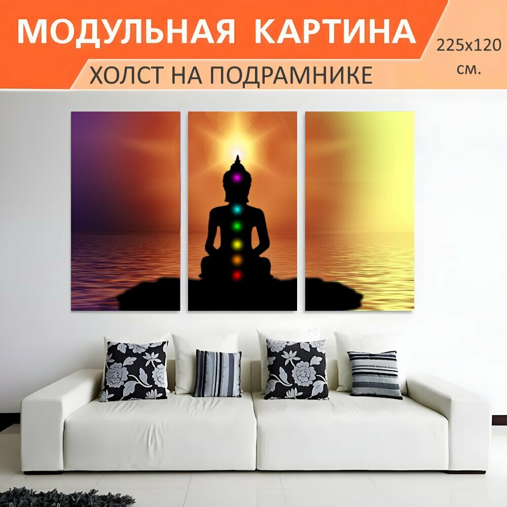 Модульная картина на холсте "Аура, чакра, медитация" триптих на подрамнике 225х120 см. для интерьера