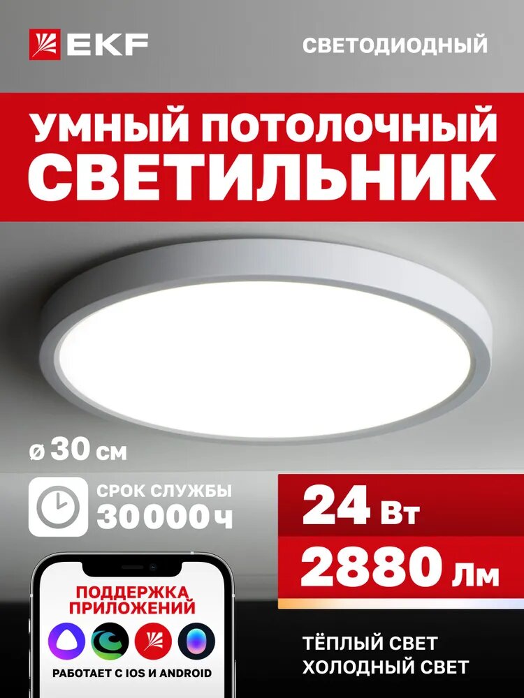 Умный потолочный светодиодный светильник EKF Connect, 24W, 30 см с Wi-Fi, Яндекс Алисой, Марусей, Салютом