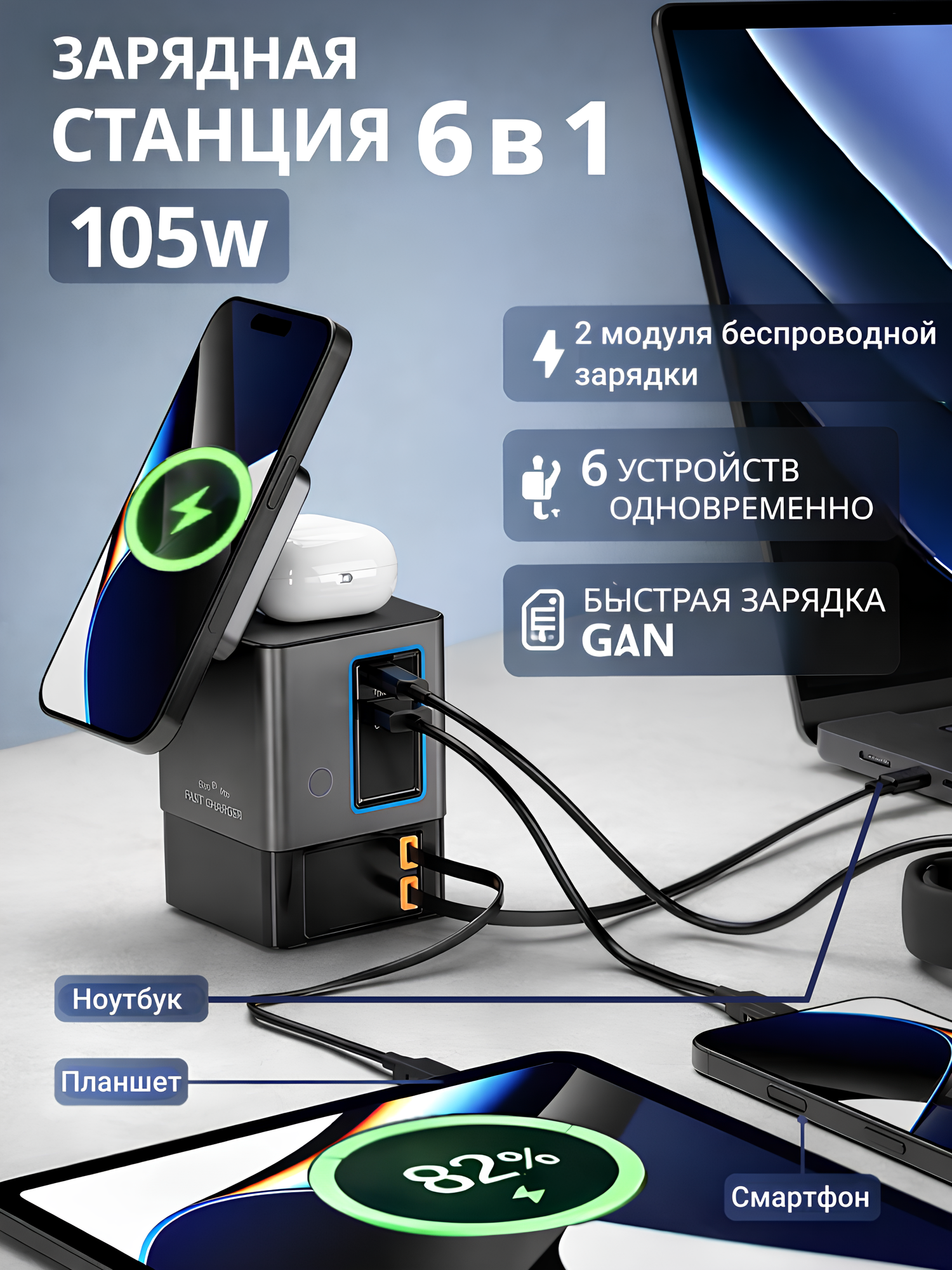 Зарядная станция GaN для телефонов и ноутбуков 105w, Док станция для айфон и андроид 6 в 1, модуль беспроводной зарядки MagSafe 15W, встроенные кабели Type-C 65W, Разъем USB-A и USB-C / модель i116Max