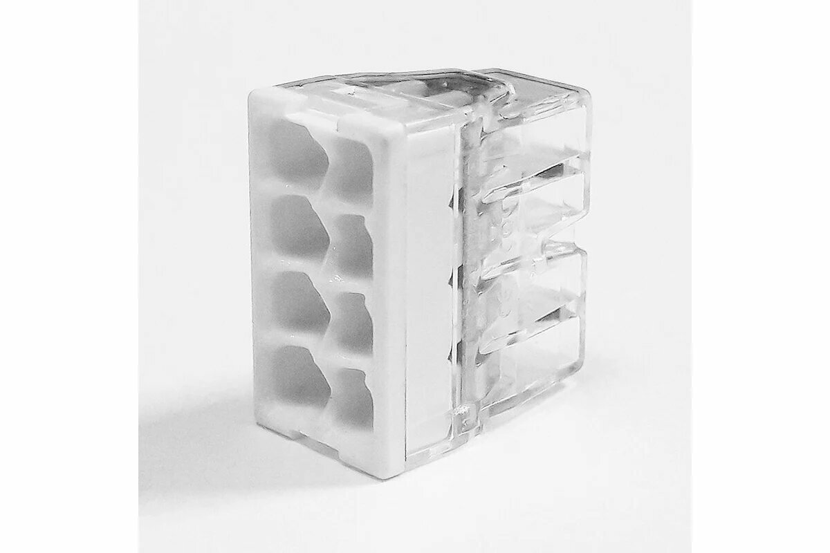 8‑ми проводная строительно‑монтажная клемма DORI СМК 2273‑248 с пастой, прозрачный/белый, материал – пластик, номинальный ток 24 А, зажим для 8 проводов 2,5 мм².