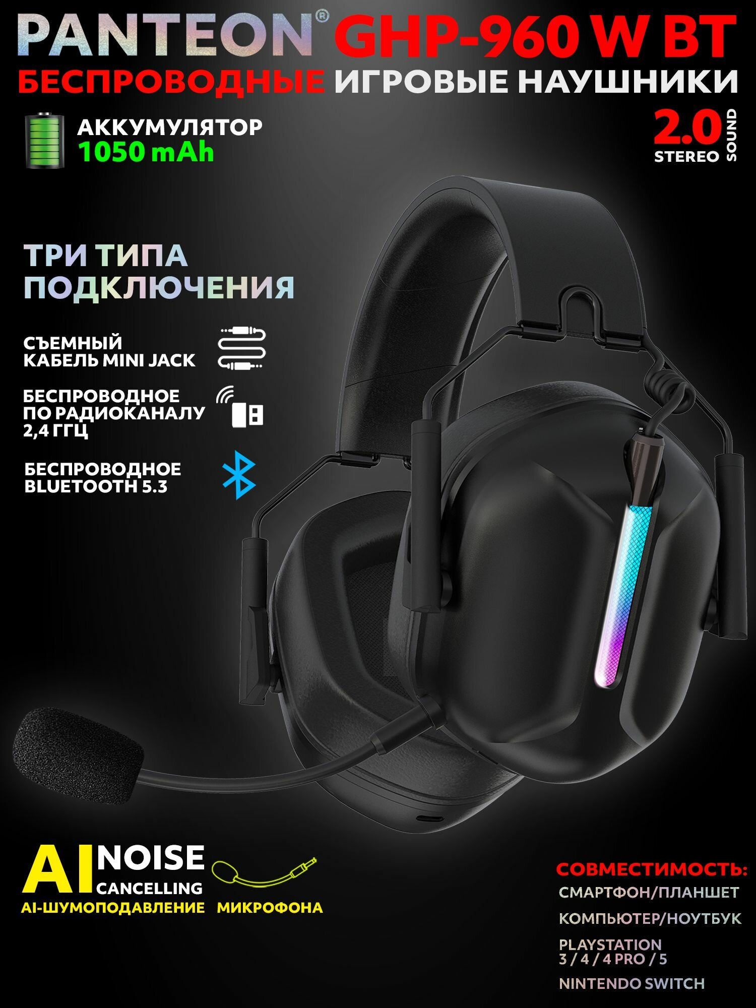 PANTEON GHP-960 W BT Black Игровые наушники беспроводные