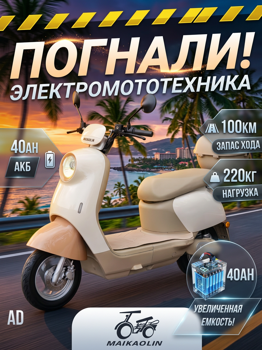Электроскутер для взрослых, MAIKAOLIN AD 60В/40АЧ, 1000Вт, 60КМ/Ч, 100КМ пробега!