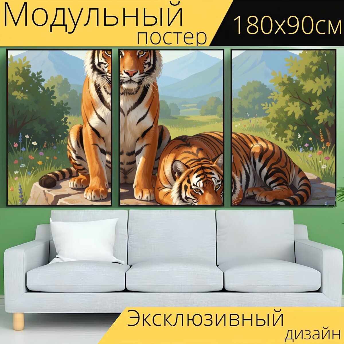 Модульный постер "Тигры в горном лугу. Два величественных хищника на каменной площадке среди цветущего альпийского поля, на фоне." 180 x 90 см. для интерьера на стену в тубусе
