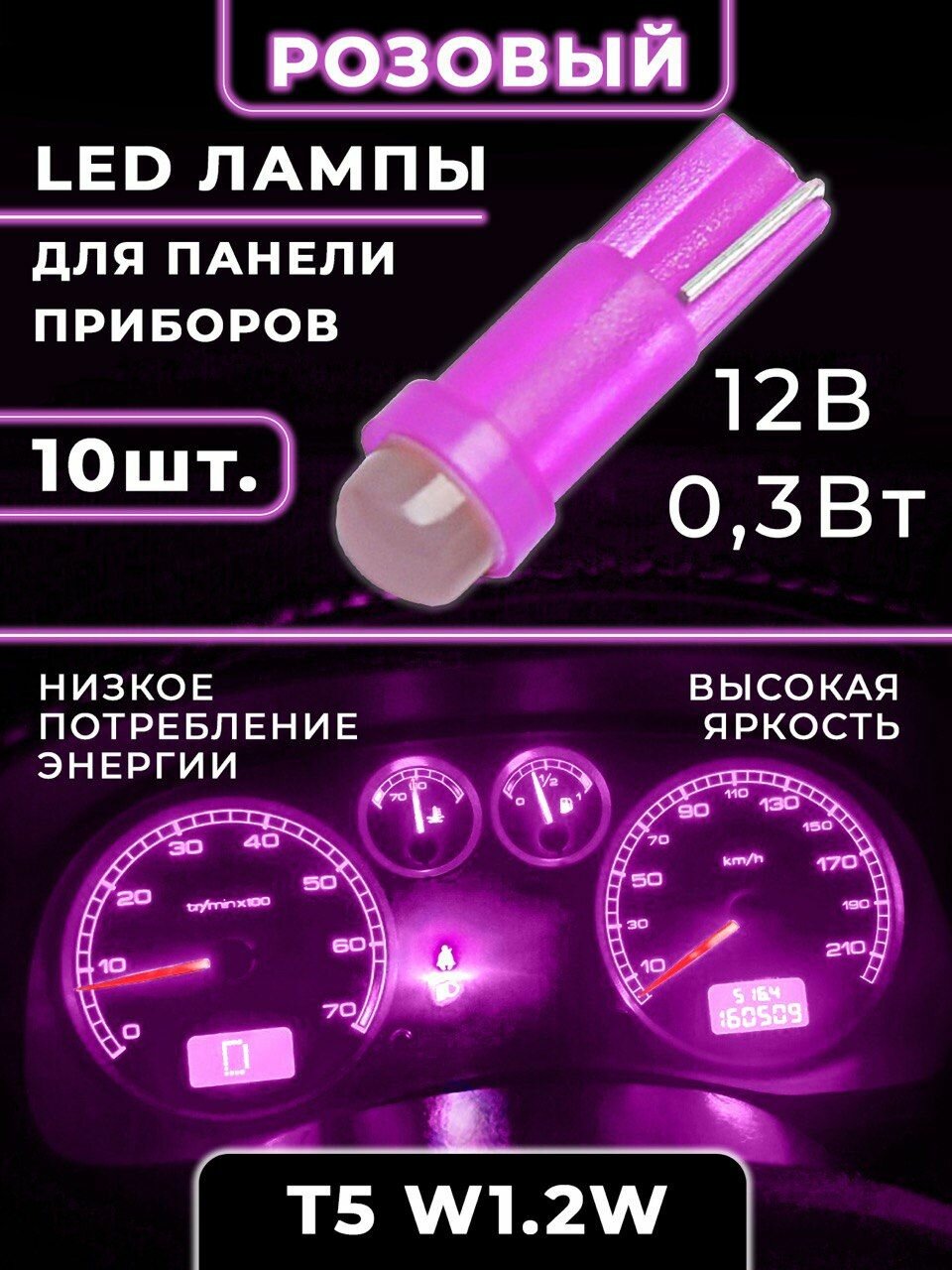 HD Светодиодная подсветка приборной панели салона в машину розовая T5 W1,2W 12V 10 шт.