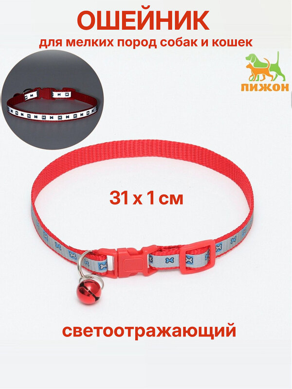 Ошейник Пижон "Кость", светоотражающий, для мелких пород собак и кошек, 31 х 1 см, красный, 1 шт