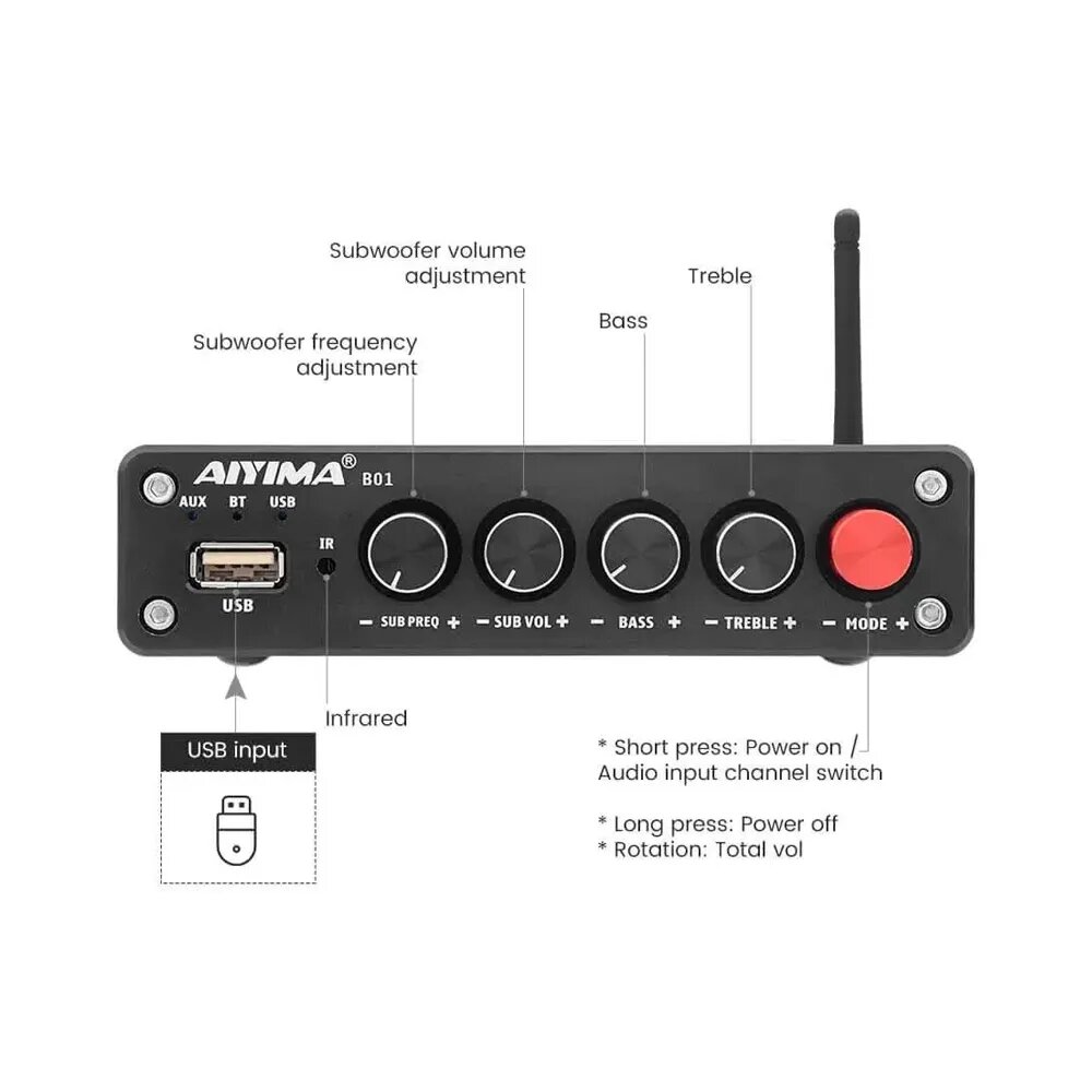 Усилитель Aiyima B01 черный, с Bluetooth 5.0, для телефонов, планшетов, компьютеров, телевизоров — фото 1