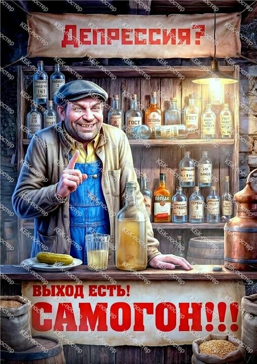 "Депрессия - выход есть, самогон !". Плакат 60х85 см. Плакат А1_020.