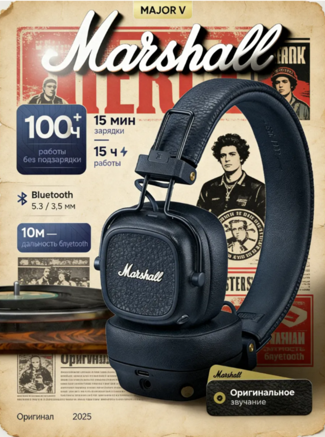 Беспроводные наушники Marshall Major V Blue, Bluetooth 5.3, синий