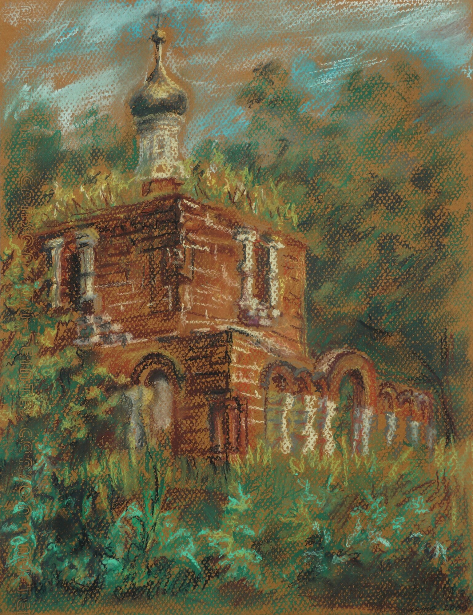 Заброшенный храм • Пейзажный рисунок пастелью • Авторская картина ручной работы