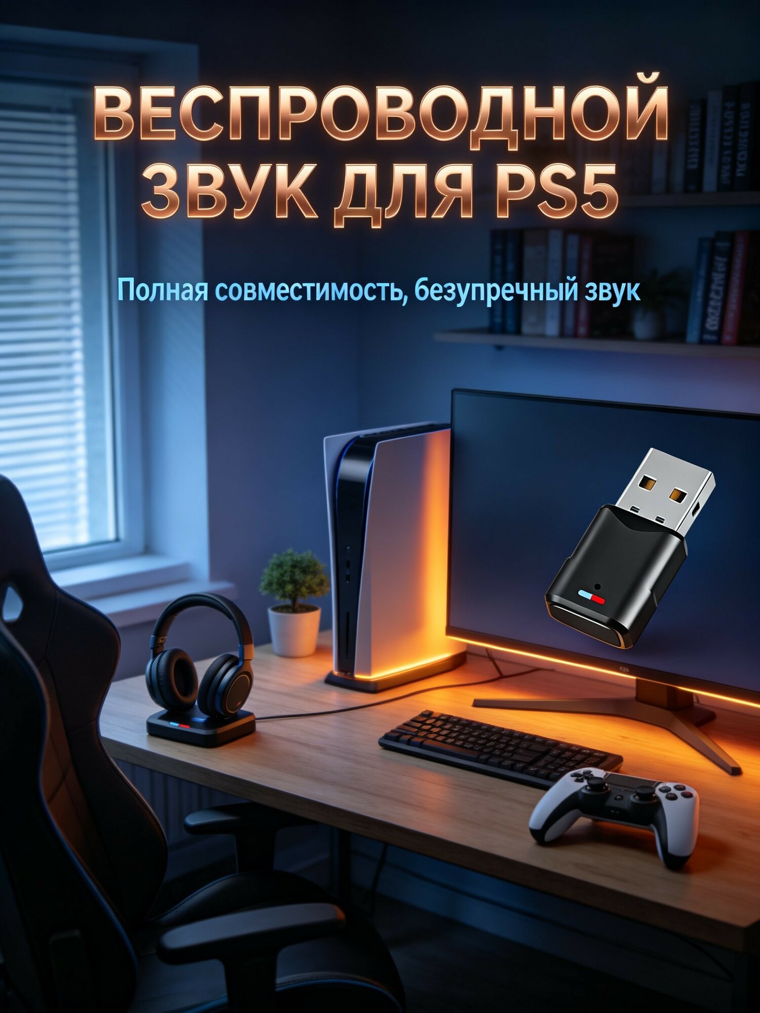 Bluetooth аудио адаптер USB 5.3 для PS5 и PS4, совместим с AirPods, гарнитурами и колонками, низкая задержка aptX для голосового чата на ПК и консолях