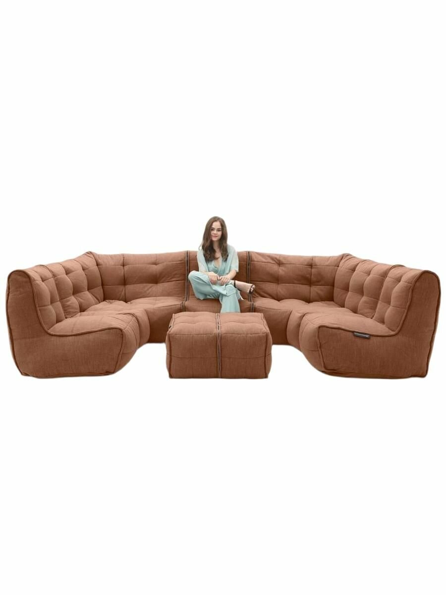 Модульный п-образный диван с оттоманкой для домашнего кинотеатра Mod6 Lounge Max - Terra Cocta (шенилл, терракотовый) - для небольших помещений: для дома, дачи, офиса (нераскладной)
