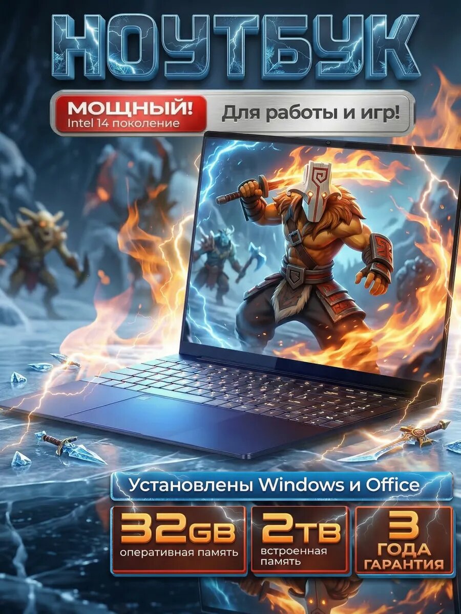 Ноутбук игровой 2026 Intel H-series, RAM 32GB, SSD 2048GB, IPS + Windows, Office