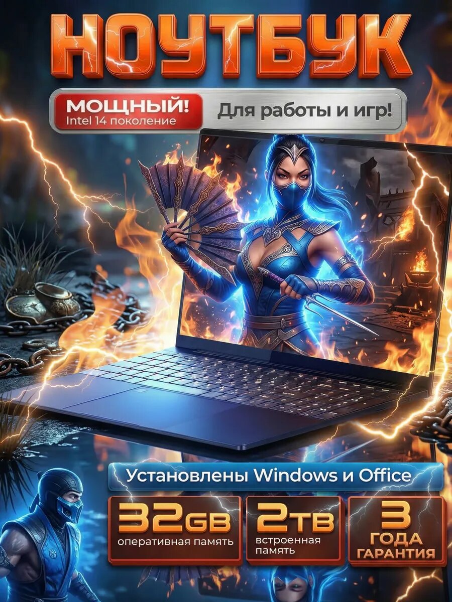 Ноутбук игровой 2026 Intel H-series, RAM 32GB, SSD 2048GB, IPS + Windows, Office
