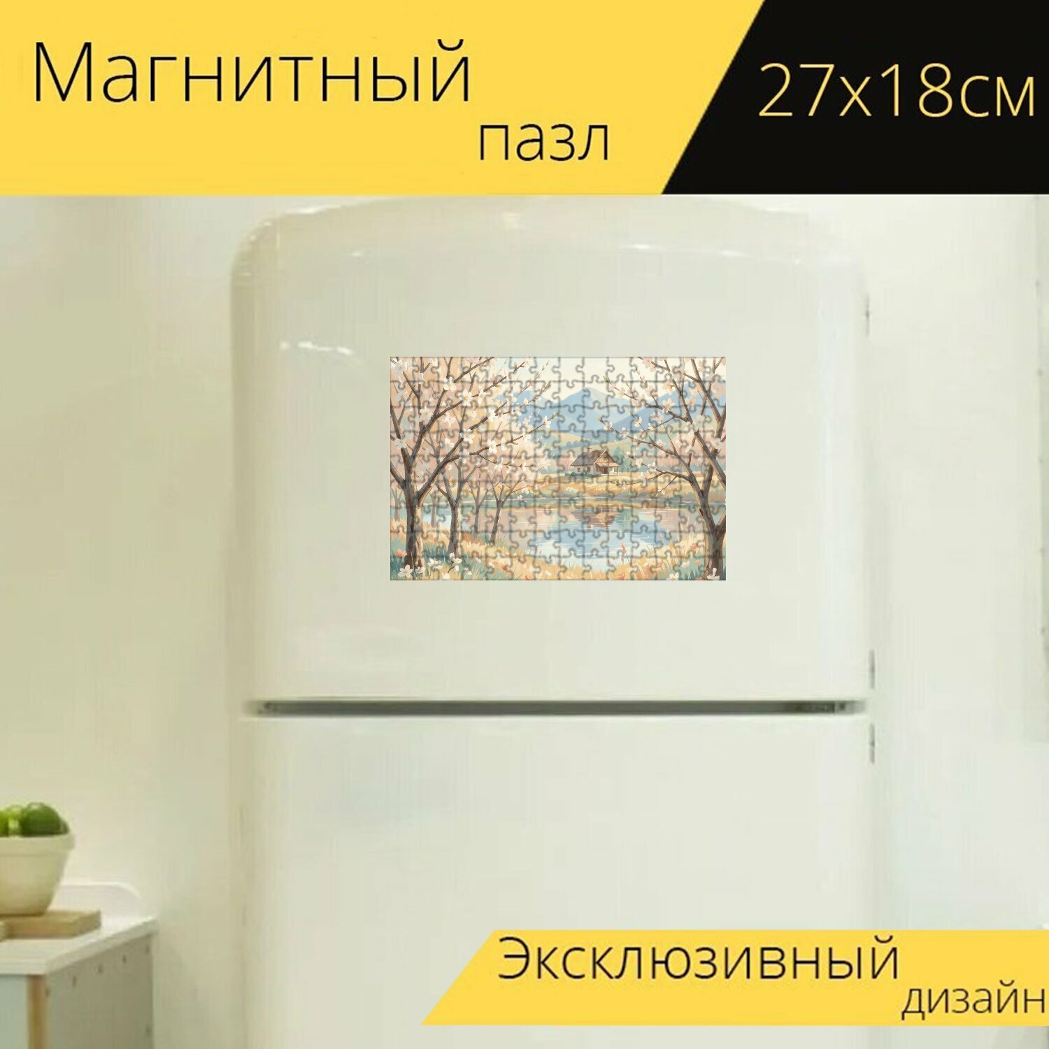 Магнитный пазл "Весенний пейзаж с цветущим садом. Нежная иллюстрация: деревья в бело-розовом цвету у спокойного пруда, уютный домик, голубые горы." на холодильник 27 x 18 см.