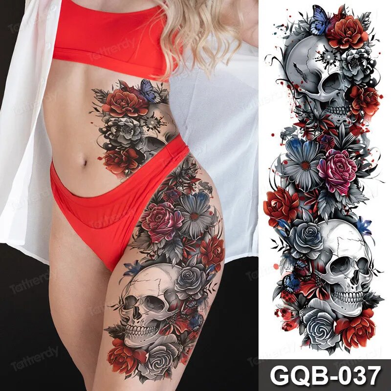 Временная татуировка череп с розами GQB037
