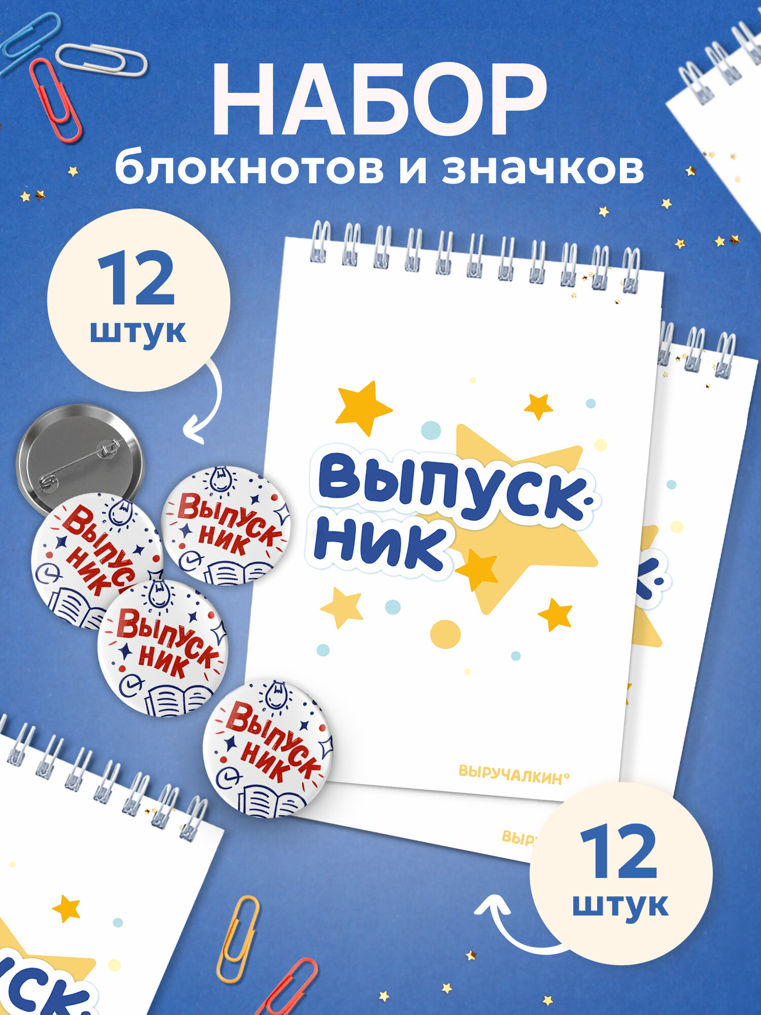 Набор подарочных блокнотов выпускнику 12 шт + значки 12 шт, Выручалкин, в картонной коробке
