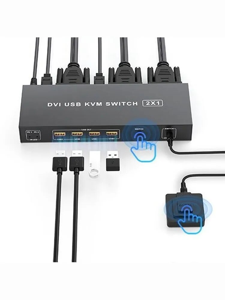 KVM-переключатель DVI, 1 монитора, 2 компьютера 4K@60Hz 4xUSB 2.0 с пультом дистанционного управления и адаптером питания