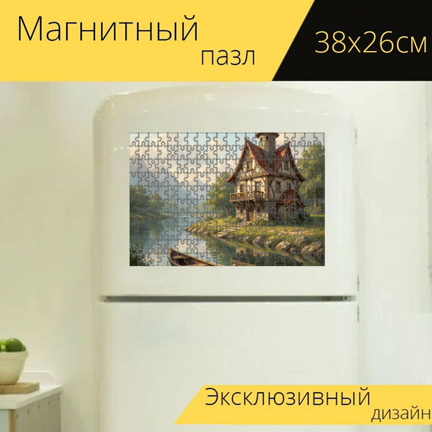 Магнитный пазл "Сказочный дом у реки. Уютный коттедж с башней на берегу спокойной водной глади, лодка, горы, лес и отражения. Живописная иллюстрация в." для интерьера, 38х26 см.