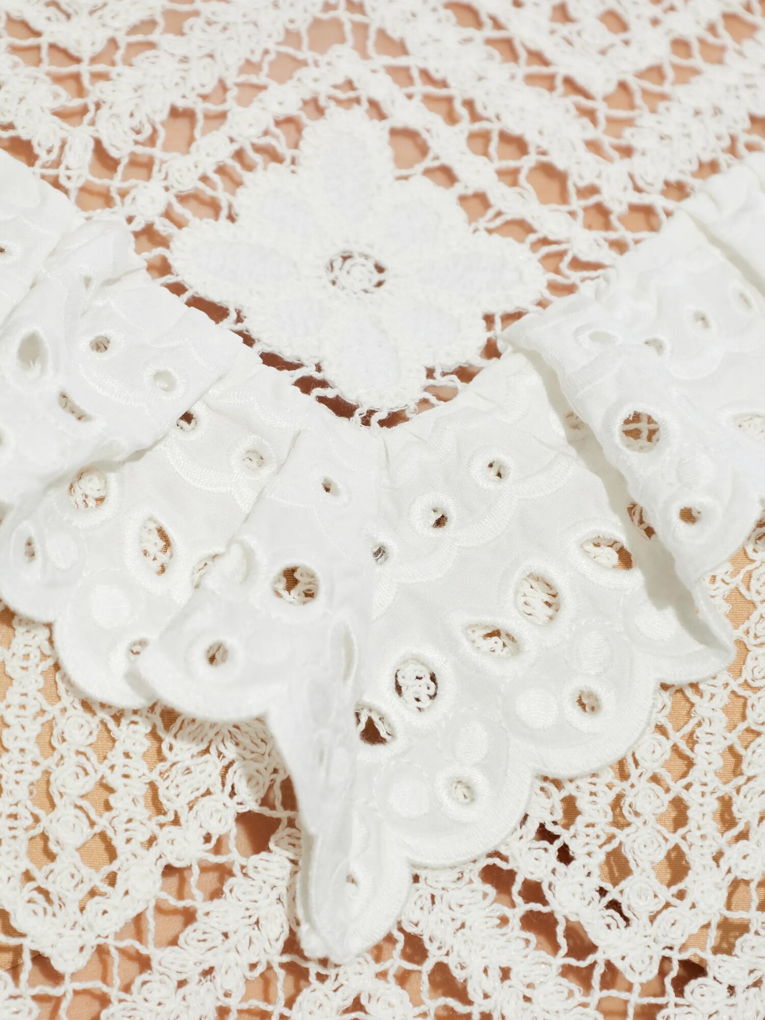 Топ Self-Portrait Guipure-lace ruffled top, размер 8, white — фото 1