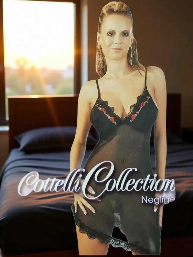 Пеньюар полупрозрачный Cottelli Collection с цветочной отделкой, черный, L