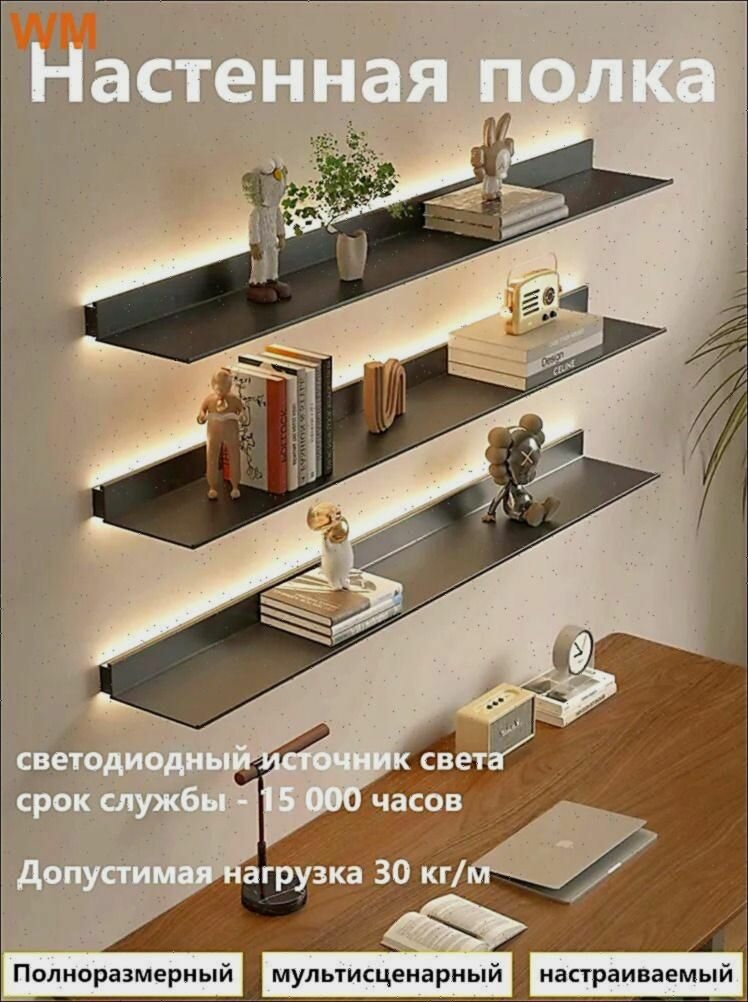 Настенная прямая полка 120х20х5.5 см — для книг и декора, нагрузка до 30 кг/м, крепление с бурением, бестселлер.