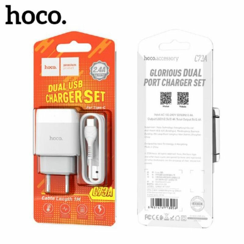 СЗУ-2USB Type-C HOCO C73A 1м, 2.4A, White 6931474713070