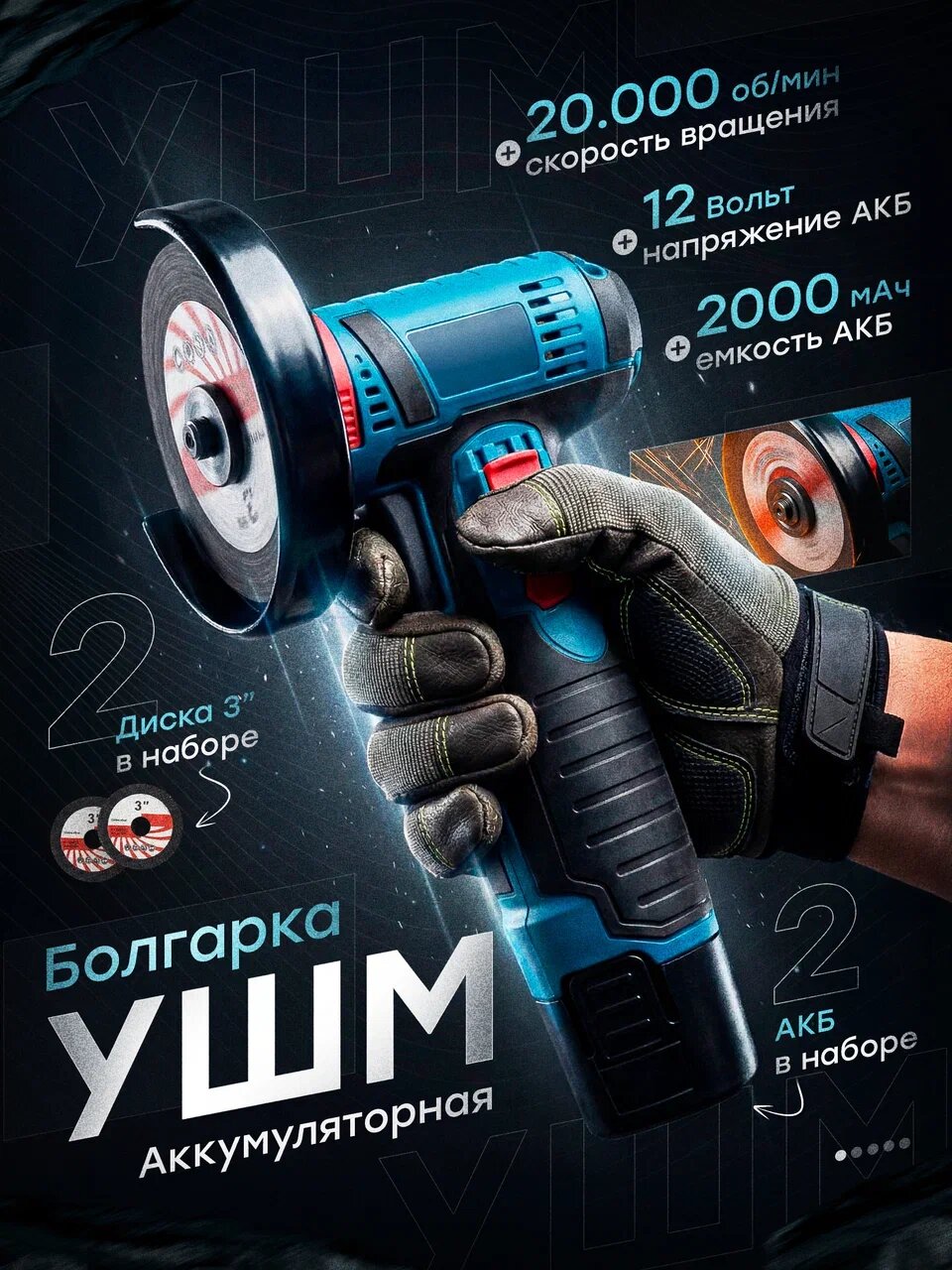 Аккумуляторная Болгарка в кейсе с 2 АКБ в комплекте / мини болгарка УШМ