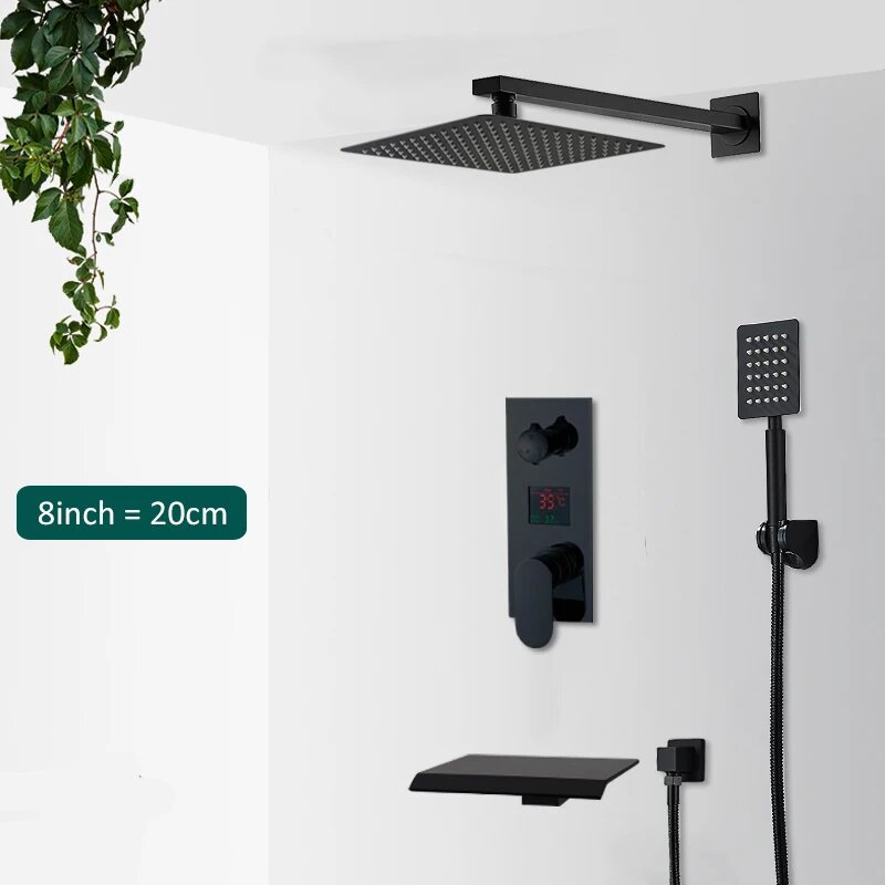 Матово-черный душевой смеситель с LED-цифровым дисплеем Комплект дождевого водопада Черная ванная душевая система Цифровой душевой смеситель LCD Кран-3-хходовой 8 дюймов yixia