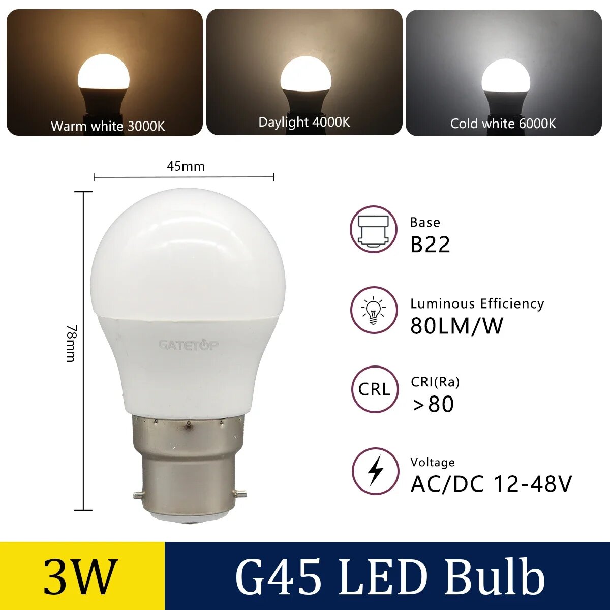 Gatetop G45 LED 3W B22 4000K дневной свет