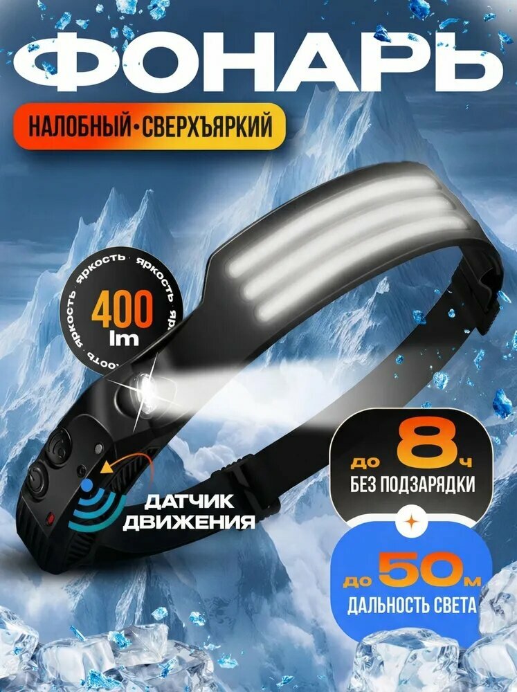 Фонарь налобный аккумуляторный, фонарик мощный, 5 режимов работы