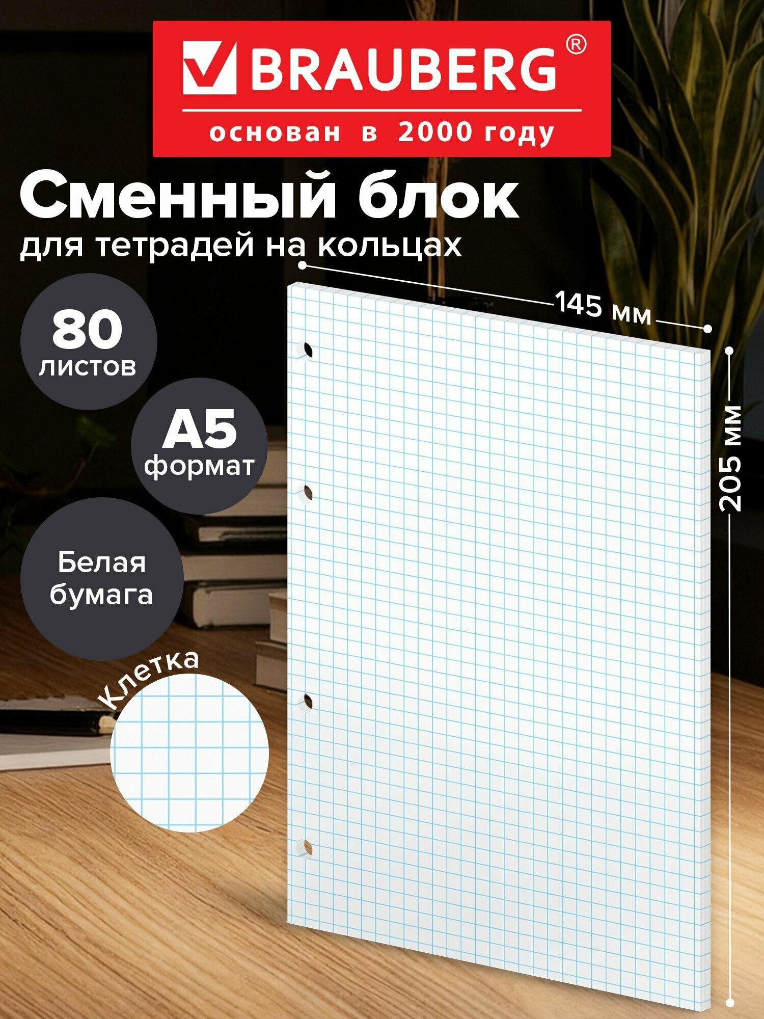Сменный блок для тетради на кольцах А5, 80 листов, Brauberg, Белый для колец на кольцах сменный блок А5