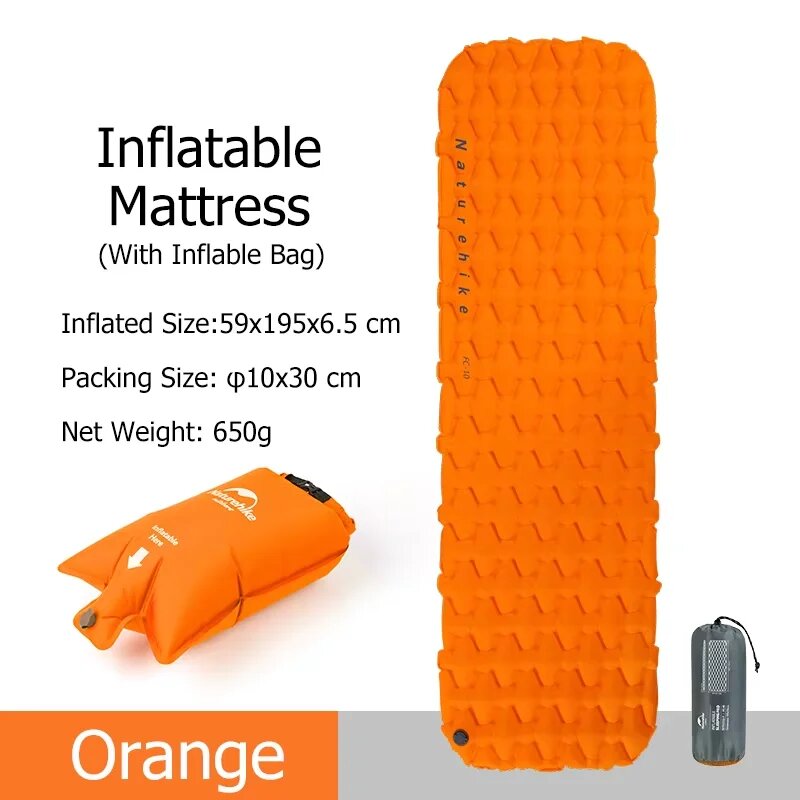 Naturehike надувной матрас для кемпинга, оранжевый, 59x195x6.5 см