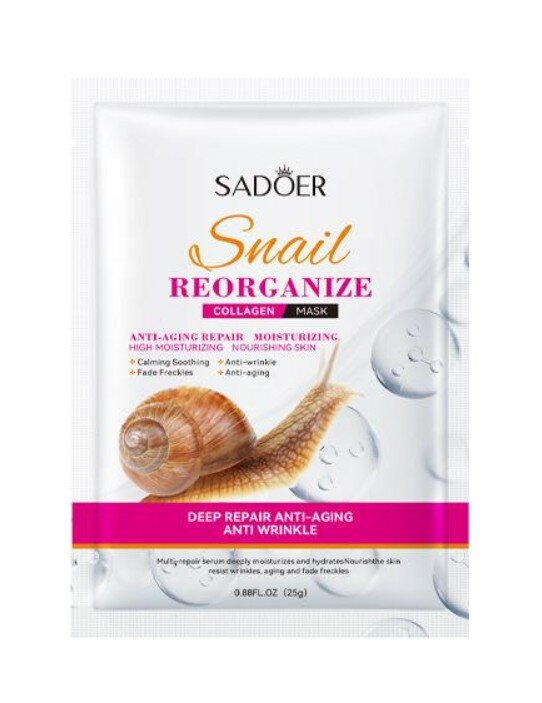 SNAIL Reorganize Collagen Facial Mask, Sadoer (улитка И коллаген восстанавливающая тканевая маска для лица), 25 г.