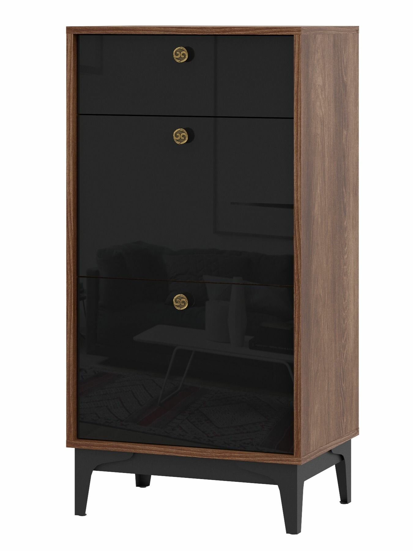 Комод КМ-4 BRASS с 1 ящиком и 2 дверцами, размер 53х107х39см, цвет Каштан/Черный глянец