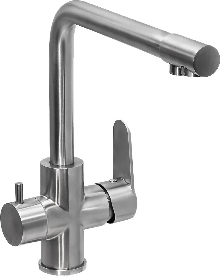 Смеситель для кухни Профсан Steel PSM-300-22 с краном для питьевой воды, с поворотным изливом, матовый, однорычажный, нержавеющая сталь, с керамическим картриджем